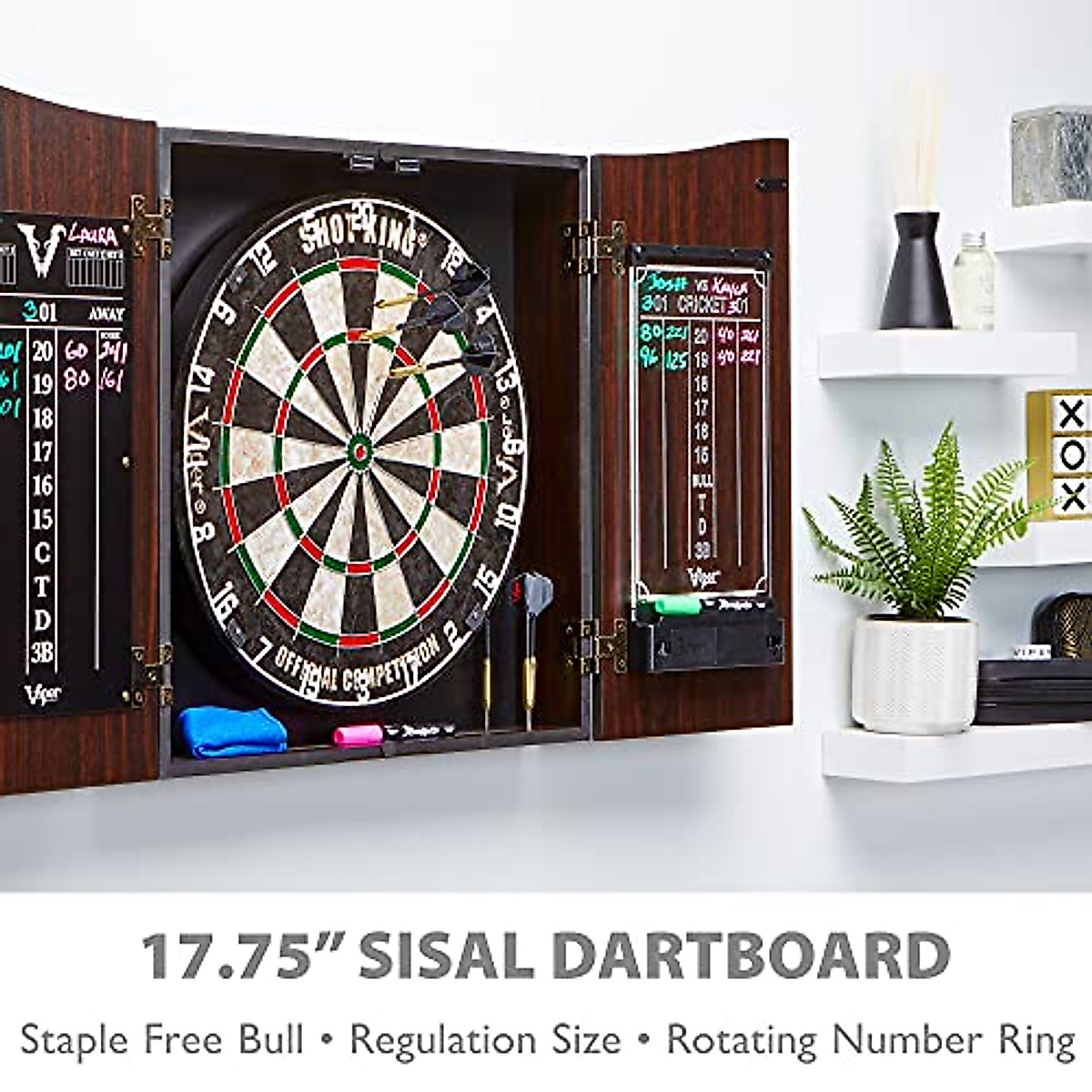 Viper by GLD Products Vault Deluxe Dartboard Cabinet with Shot King Sisal Dartboard and Illumiscore Scoreboard, Wood