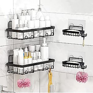 WAYDA 4 Pack Shower-Caddy, Adhesive Shower-Organizer-Shelves, Shower-Shelf-for-Bathroom-Storage,No Drilling Inside-Shower-Rack-with-Soap-Holder (Black)