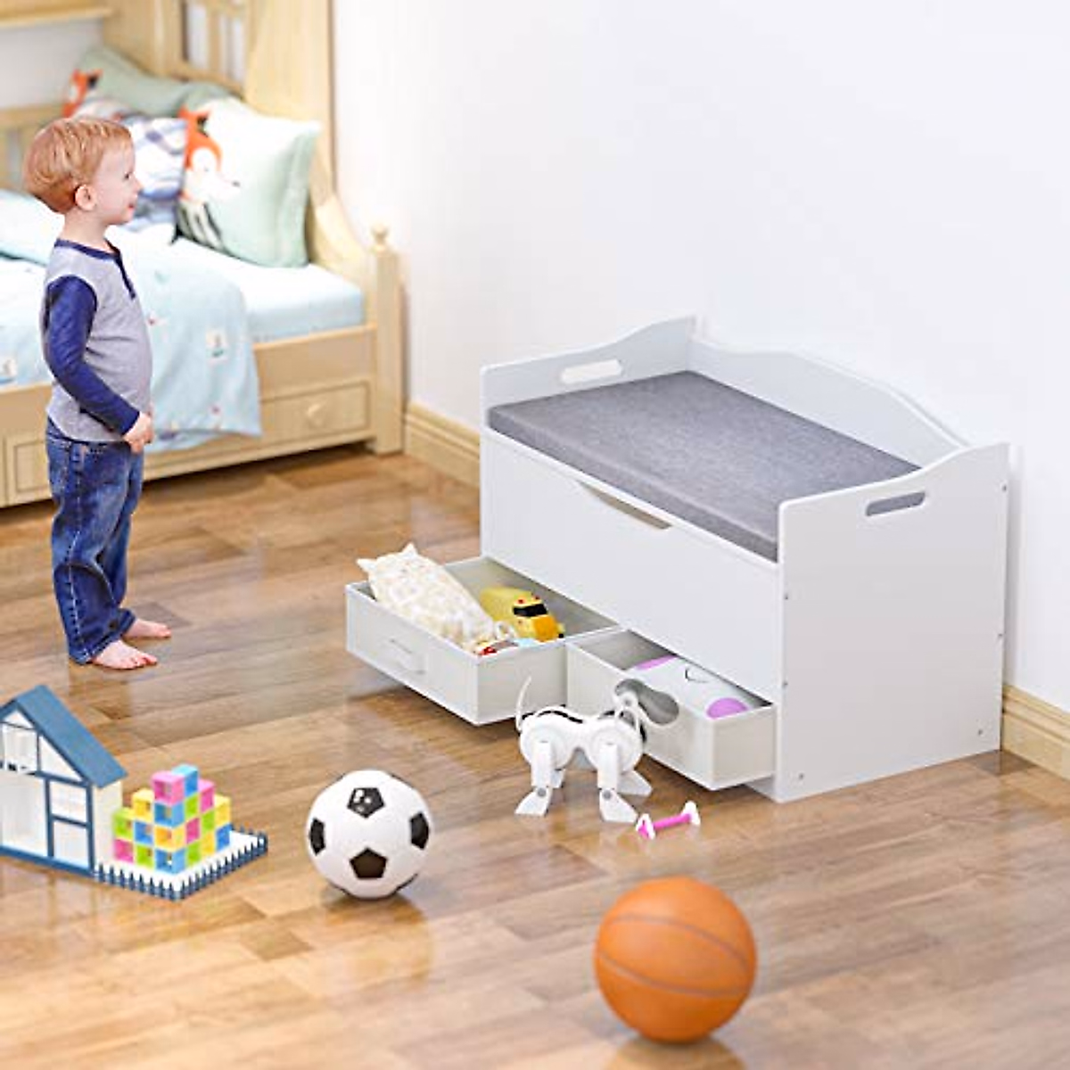 Timy Wooden Toy Box with Bench Seat, Toy Storage Chest with 2 Reversible Baskets and Safety Hinge for Kids, White
