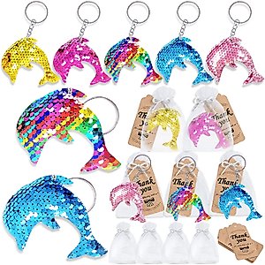 CiciBear 60 Pack Dolphin Sequin Keychains Set with 20 Dolphin Keychains, 20 Thank You Tags and 20 Gift Bags for Ocean Themed Party Favors, Kids and Adults Birthday Gift, Baby Shower,Christmas Party