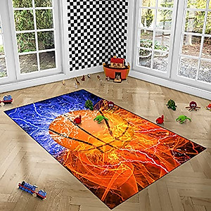 Basketball Carpet for Boys Room Basketball Room Decor Floor Rug Basketball Rug for Boys Bedroom Hipster Basketball Ball on Fire and Water Floor Mat, 3'×5'