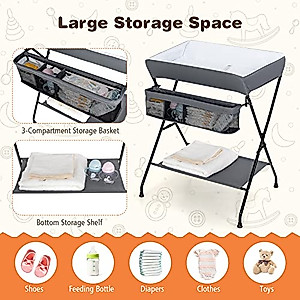 Costzon Changing Table, Portable Baby Changing Table Foldable Diaper Changing Station with Safety Belt, Large Storage Rack & Shelf, Nursery Organizer for Newborn Infant (Dark Gray)