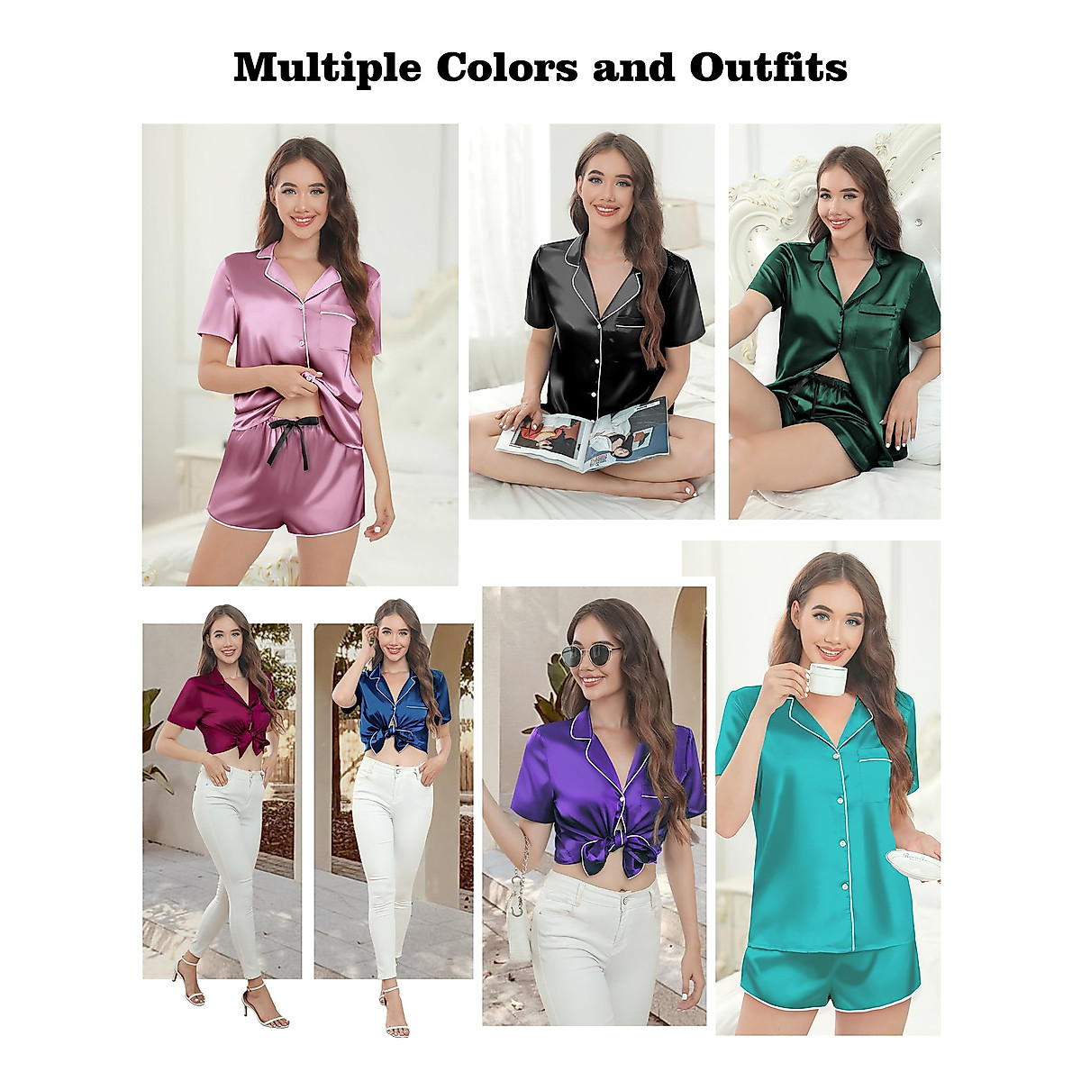 Lanyoshe Silk Pajamas for Women Satin Womens PJ Set 2 Piece Short Lounge Set Summer Sleepwear Notch Collar Button-Down Night Wear (Purple, M)