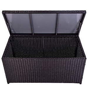 Aura Outdoor Patio Pool Wicker Storage Box, 70 Gallon Outdoor Cushion Storage Container, Outdoor Storage Bin for Cushins, Garden Supplies - PE Wicker Rattan, Aluminum, Black