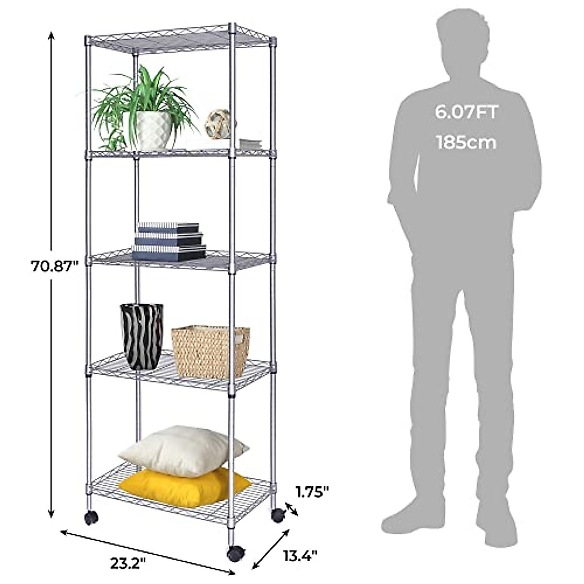 JS HANGER Wire Shelving Unit with Wheels, 5-Tier Heavy Duty Height Adjustable Rolling Metal Shelves for Storage, 550 lbs Capacity, 23.23''W X 13.4''D X 71''H, Silver