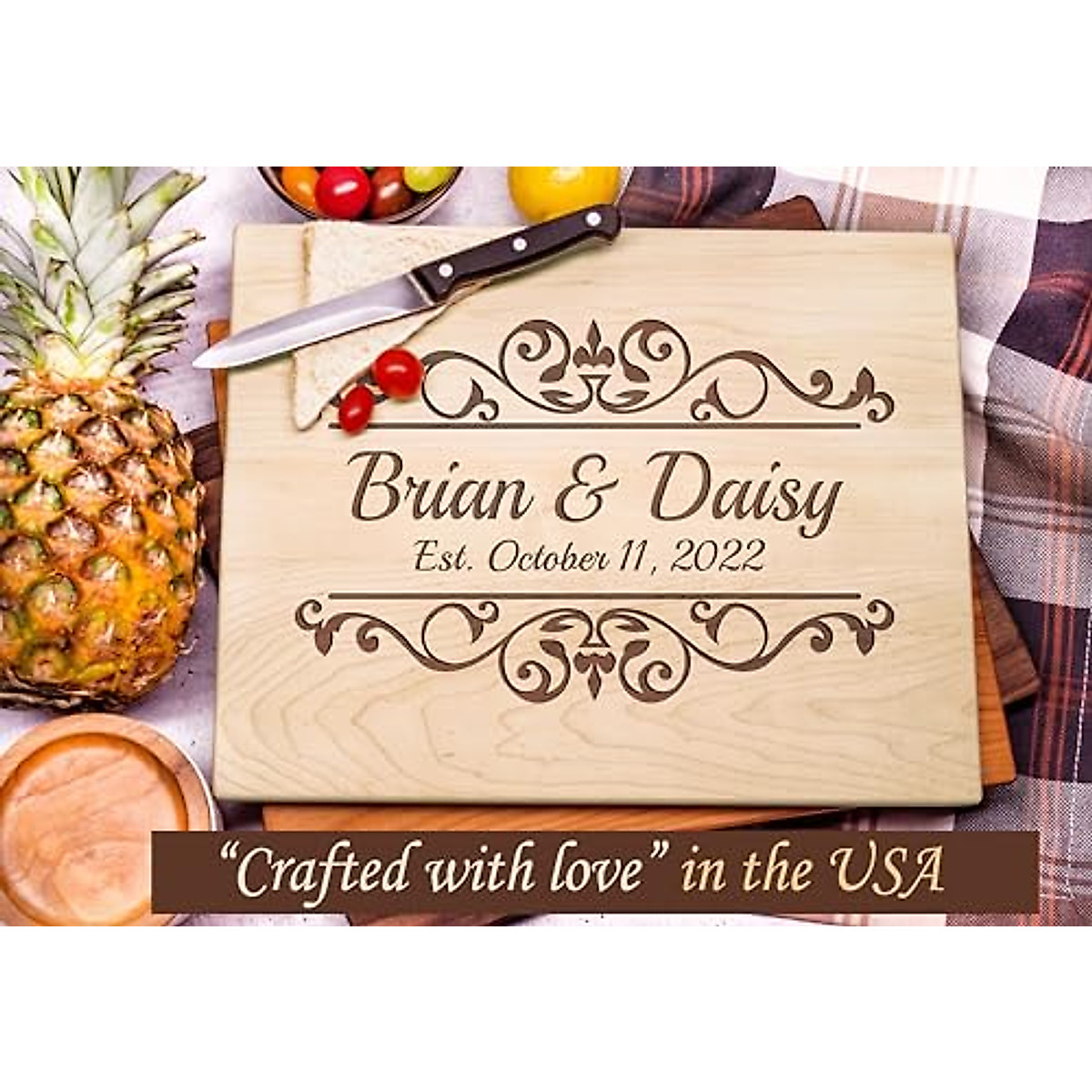 Personalized Wood Cutting Board Handmade in USA – Best Serves as Cheese board, Serving tray, Chopping board, Charcuterie board – Unique Wooden Gift for Wedding, Anniversary, House warming, Christmas