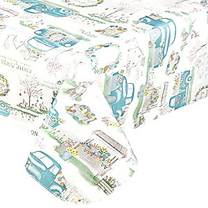 Newbridge Nostalgic Easter Market Farm Truck Vinyl Flannel Backed Tablecloth - Spring Flower Market, Bunny and Egg Print Indoor/Outdoor Easy Care Vinyl Tablecloth, 52” x 70” Oblong/Rectangle