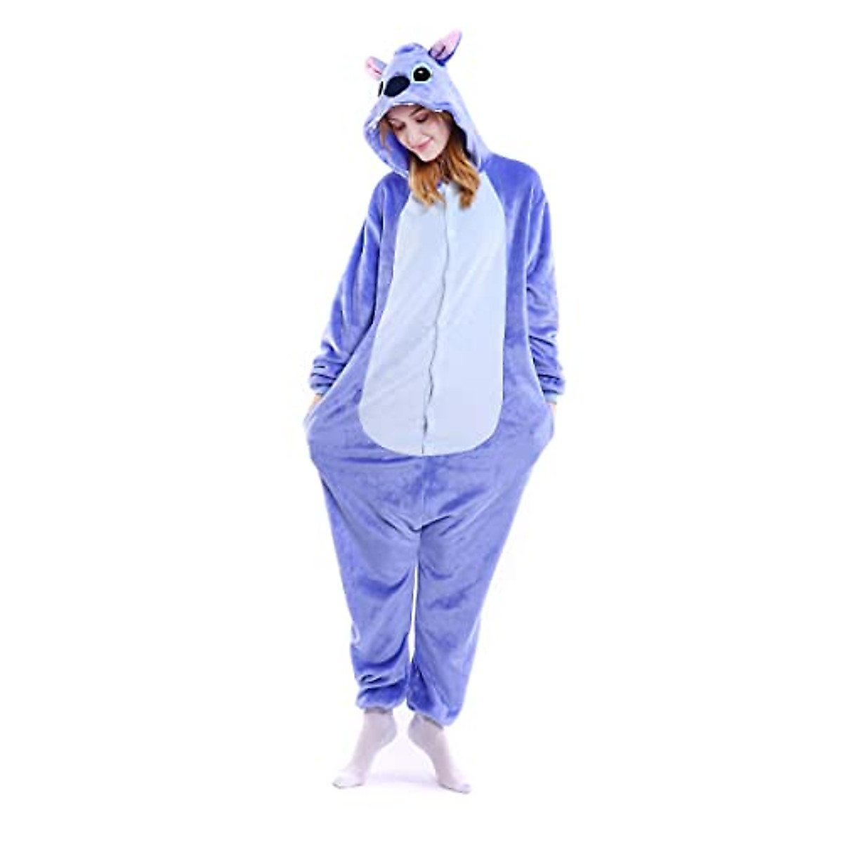 Plustrong Adult Onesie Costume Pajamas Halloween Costumes Animal Onesie Cosplay Sleepwear (Blue Stitch,M)