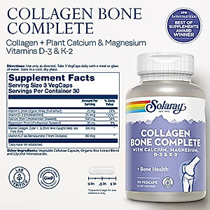 SOLARAY Collagen Bone Complete | Advanced Bone Matrix Formula with Plant Calcium & Magnesium | 30 Servings | 90 VegCaps