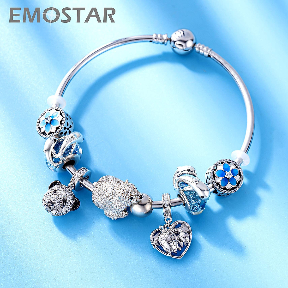 Mother/Child Dolphins Charms on Sea Blue Murano Glass Beads fit Pandora Mothers Day Bracelet, 925 Sterling Silver Playful Dolphine Beads Ocean Life Charm, Gift for Travel/Christmas