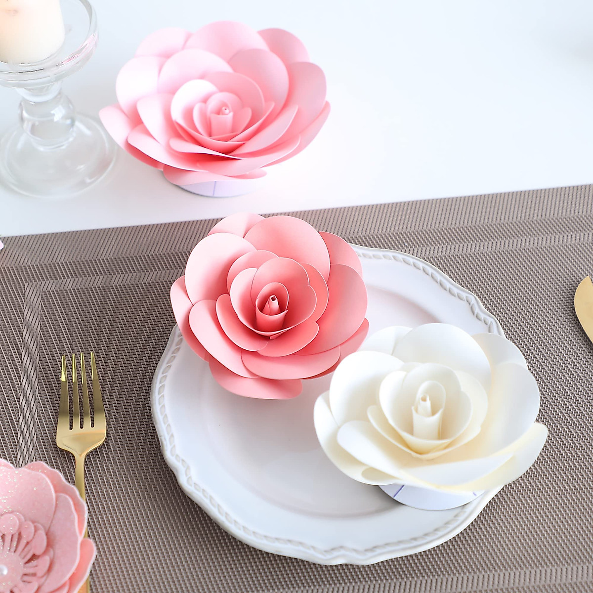 Fonder Mols 3D Paper Flowers Decorations for Wall(Pearl White & Pink, Set of 18), Wedding Bridal Shower Bouquet, Centerpieces, Flower Backdrops