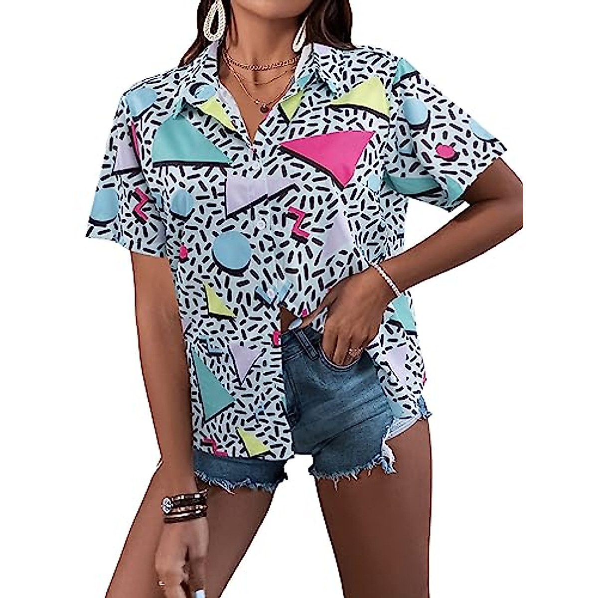 80s 90s Outfit for Women 80s 90s Retro Party Disco Shirt Hawaiian Button Down Shirt Short Sleeve Button Up Blouse Tops Light Green