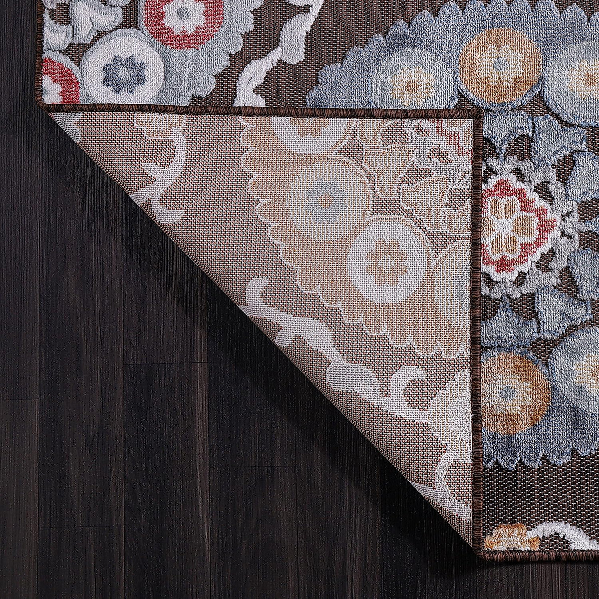 CAMILSON Indoor/Outdoor Rug 9x12 Bohemian Medallion Floral Area Rugs for Indoor and Outdoor Patios Easy-Cleaning Non-Shedding Living Room Garden and Kitchen Washable Outside Carpet (9 x 12 / Brown)