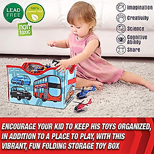 Toy Cars Storage Box, 2 in 1 Convertible Garage Holder Case with Road Play Mat & 17 Play Vehicles Included, Collapsible Fabric Organizer Bin for Kids