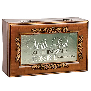 Cottage Garden with God All Things are Possible Woodgrain Embossed Jewelry Music Box Plays Amazing Grace