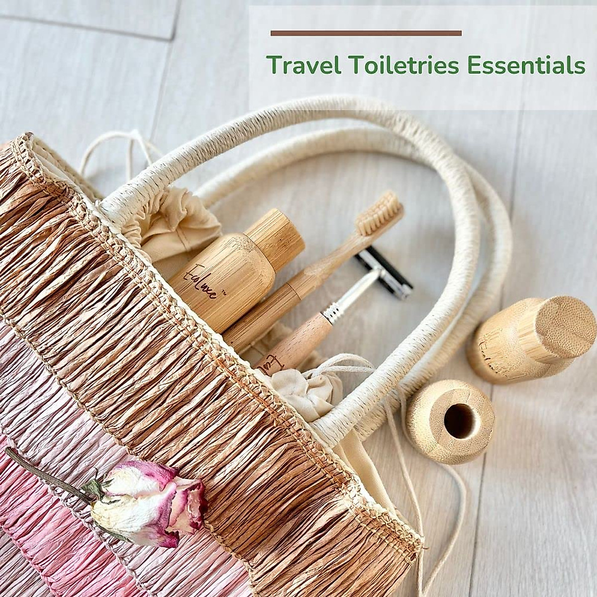 EcoLuxe Sustainable Gift Box Personal Care Travel Sized Toiletries Bundle, Bamboo Toothbrush, Dental Floss, Comb,Liquid Containers, Razor, Bamboo Travel Case and Stand, 9 Items