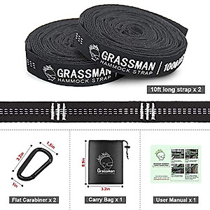 Grassman Hammock Hanging Adjustable Straps, Sturdy 10ft Long Hammock Strap Heavy Duty Tree Straps for Hammocks Camping Compact Bag Easy to Use White