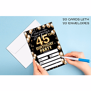 Keydaat 45th Birthday Invitation - Black And Gold Birthday Invite - Birthday Invite Ideas For Adult Woman and Man - 20 Fill-in Invitation Cards With 20 Envelopes -TH008
