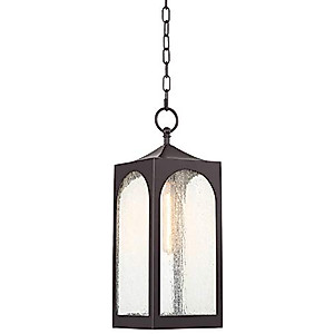 Possini Euro Design Tyne Modern Outdoor Hanging Light Fixture Bronze Lantern 19" Seedy Glass Shade for Exterior Barn Deck House Porch Yard Patio Outside Garage Front Door Garden Home Roof Lawn