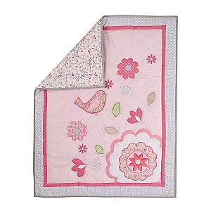 5 PCs Pink Floral Nursery Crib Bedding Set Embroidery Birds Flower Baby Girl Cot Bedding Set Quilt + Fitted Sheet + Skirt + Window Valance + Changing Pad Sheet