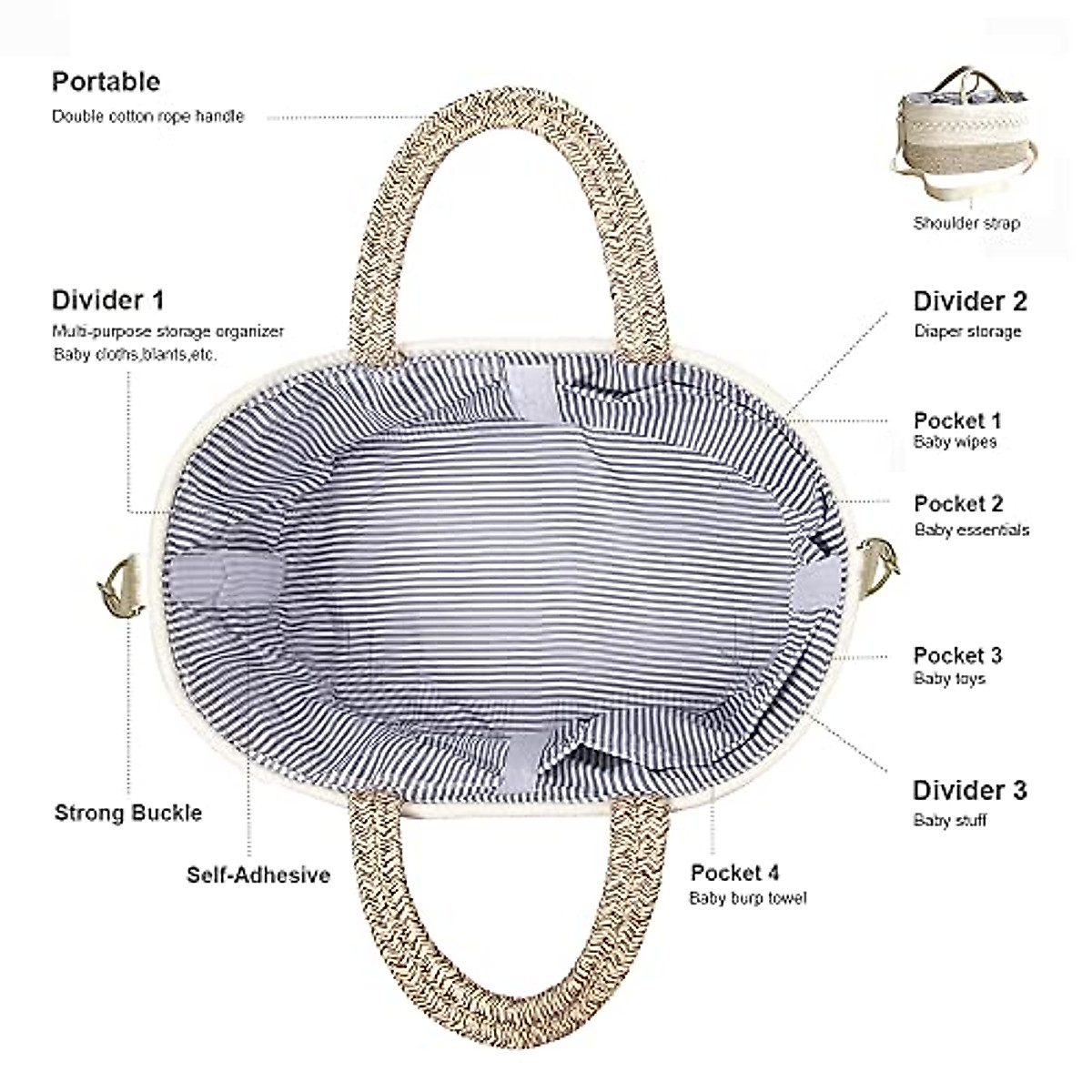 YeaYee Baby Diaper Caddy Organizer, Shoulder Strap Buckle, 4 Inner Pockets Portable Nursery Storage Basket with Detachable Compartments,100% Cotton Woven Bin (Small, Yellow)