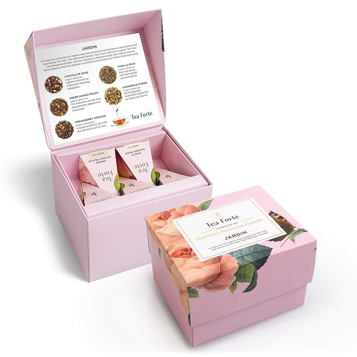 Tea Forte Jardin Gift Set with Pink Cafe Cup, Tea Tray and 10 Handcrafted Pyramid Tea Infuser Bags