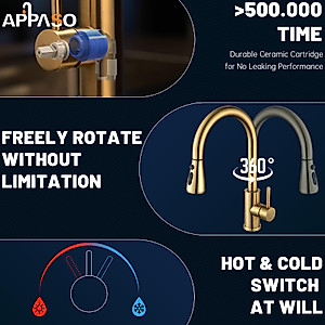APPASO Gold Kitchen Faucet with Soap Dispenser, Brushed Gold Kitchen Sink Faucet with Pull Down Sprayer, Modern High Arch Single Handle Sink Faucet for Kitchen, 3 Modes & Champagne Gold