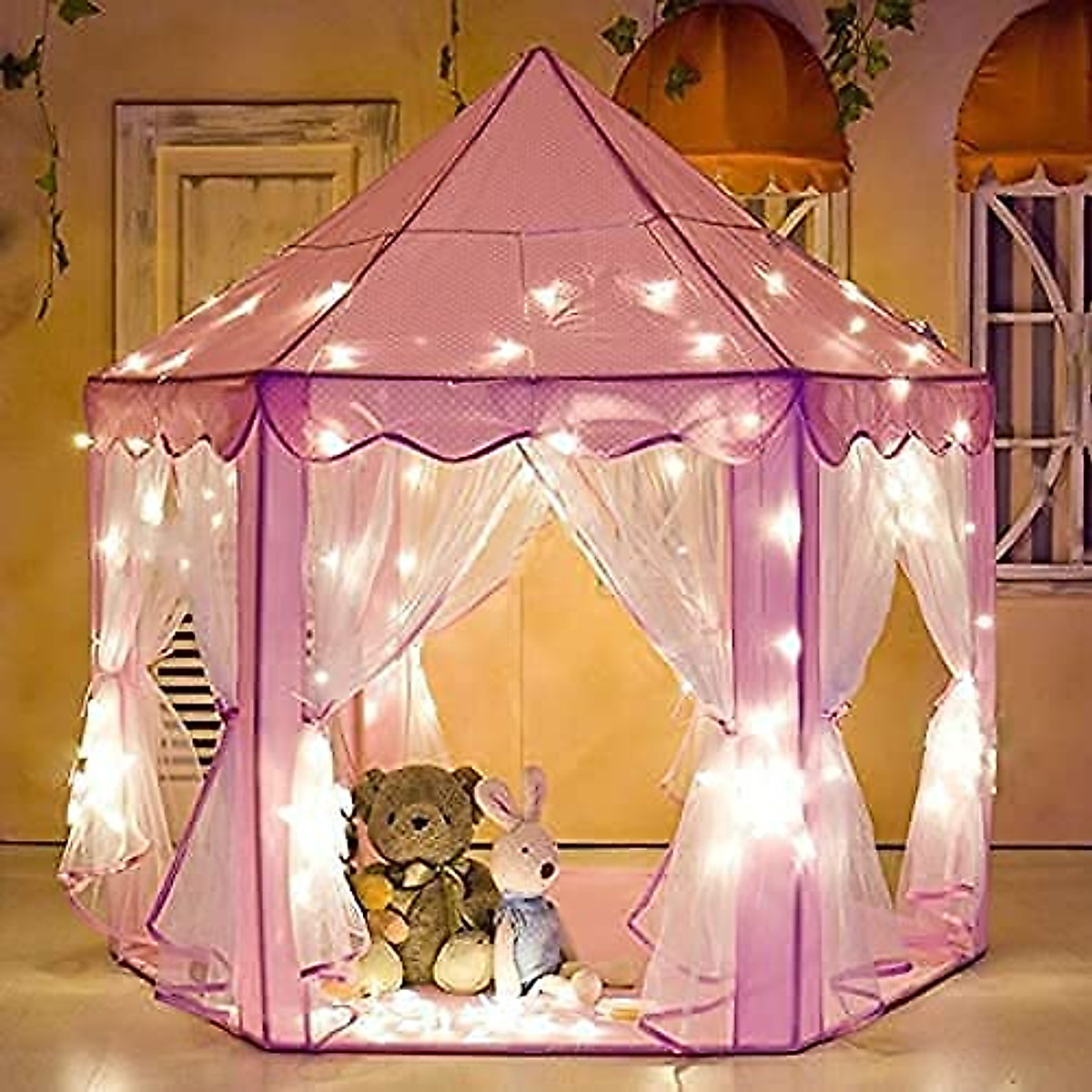 BIG BADA BOOM Princess Play Tent for Girls – Large 55” x 53”, Durable 230T Princess Castle with Replacement Poles + Bonus LED 20 Star String Light – Playhouses for Kids Indoor 3 Year Old Girl Toys