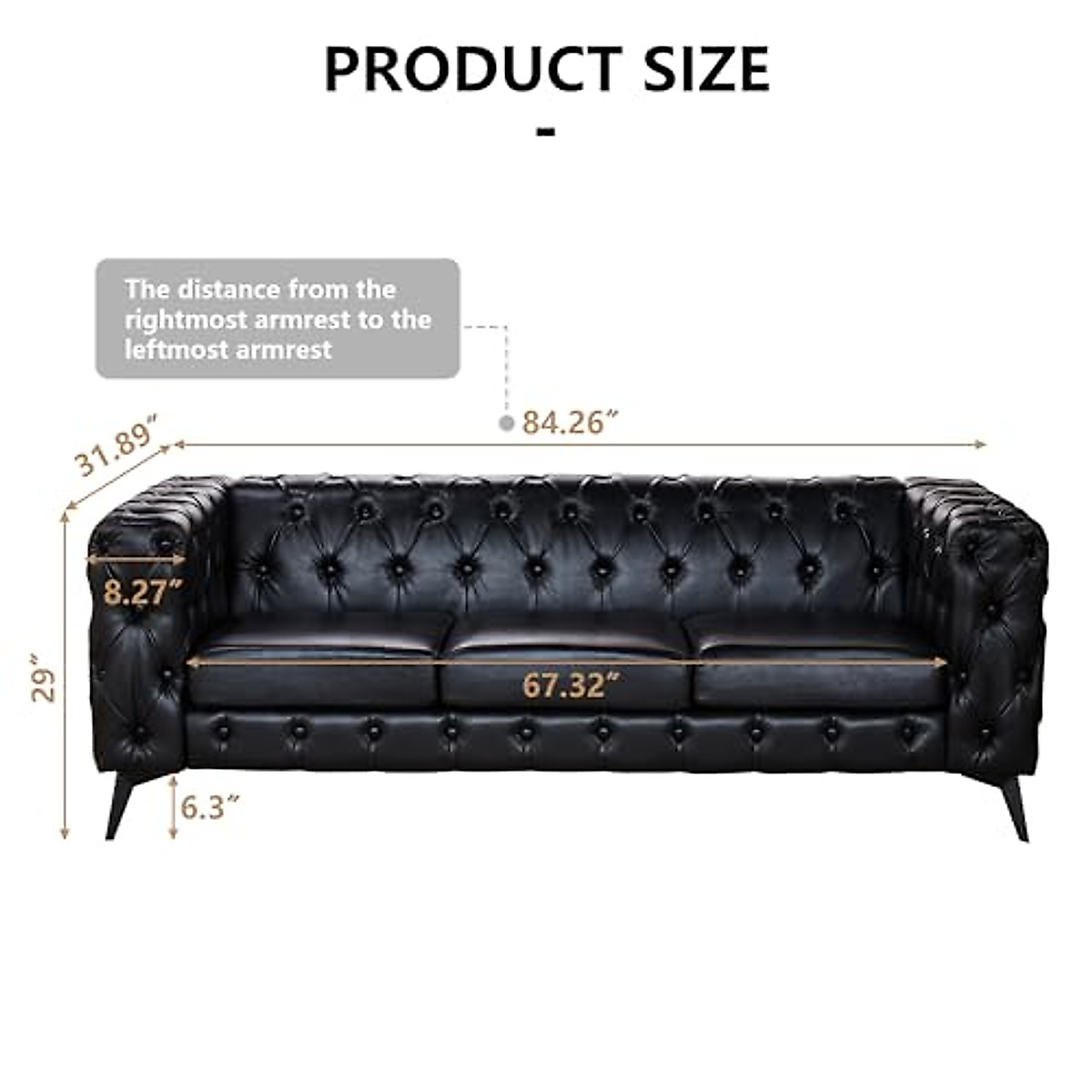 Chesterfield Sofa, Modern Faux Leather Button Tufted Accent Couch with Square Arms and Metal Legs for Living Room, Bedroom, Office, Apartment (Black)