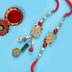 IndoTribe, Rakhi For Brother with Gift Set - Set of 2, Rakhi For Brother with Card, Roli Chawal | Rakhi for Brother and Bhabhi | Lumba Rakhi For Brother | Bhaiya Bhabhi Rakhi | Raksha Bandhan Rakhi