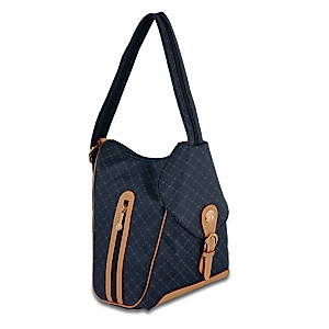 Rioni STA-20082 Designer Signature Navy Blue Canvas Leather Backpack With Zipper Strap