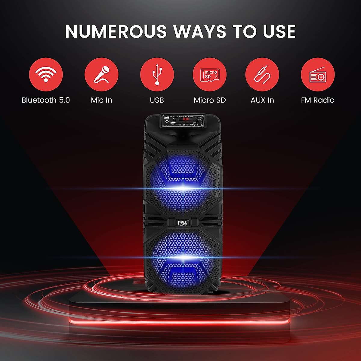 Pyle Bluetooth PA Speaker System - 600W Rechargeable Outdoor Bluetooth Speaker Portable PA System w/ Dual 8” Subwoofer 1” Tweeter, Microphone In, Party Lights, USB, Radio, Remote - Pyle PPHP2836B