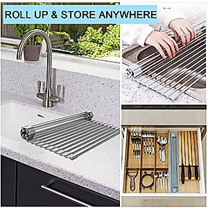 Haydyson Roll Up Dish Drying Rack, 17.5" x 15.7", Multipurpose Sink Drying Rack, Stainless Steel Sink Rack Dish Drainer Heat Resistant Dish Racks for Kitchen Counter