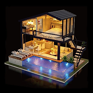 DIY Miniature Dollhouse Kit,UniHobby Time Apartment DIY Dollhouse Kit with Wooden Furniture Light Gift House Toy for Adults