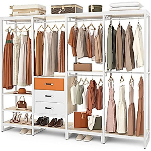 Cyclysio 84'' Heavy Duty Closet System, Large Wooden Garment Rack, L Shape Corner Walk-in Closet, Clothing Rack with Shelves, Closet Organizer System with 11 Shelves, 3 Wood Drawers, 6 Rod, White
