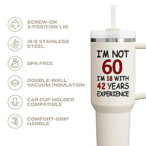 60th Birthday Gifts for Women Men, 60 Year Old Birthday Gift for Men, Insulated Stainless Steel Cup, 40 Oz Tumbler with Handle