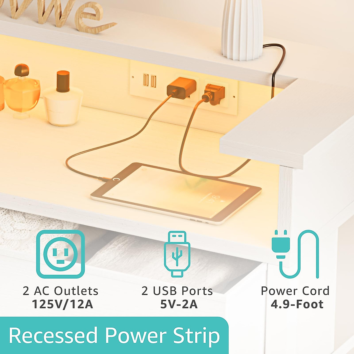 BOLUO White Dresser with LED Light and Charging Station for Bedroom 6 Drawer Dresser with USB Outlet, Dressers & Chests of Drawers Fabric Dresser for Closet Modern