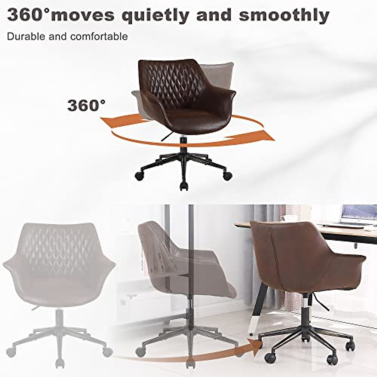 Home Office Desk Chair, Set of 2 Leather Modern Height Adjustable Task Chair with Armrest, Back and Wheels for Living Room Study Room and Bedroom, Brown