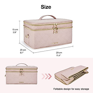BAGSMART Large Makeup Bag, Double Layer Cosmetic Bag Travel Makeup Case Organizer with Shoulder Strap for Cosmetics Makeup Brushes Toiletries Travel Accessories (Medium, Pink)