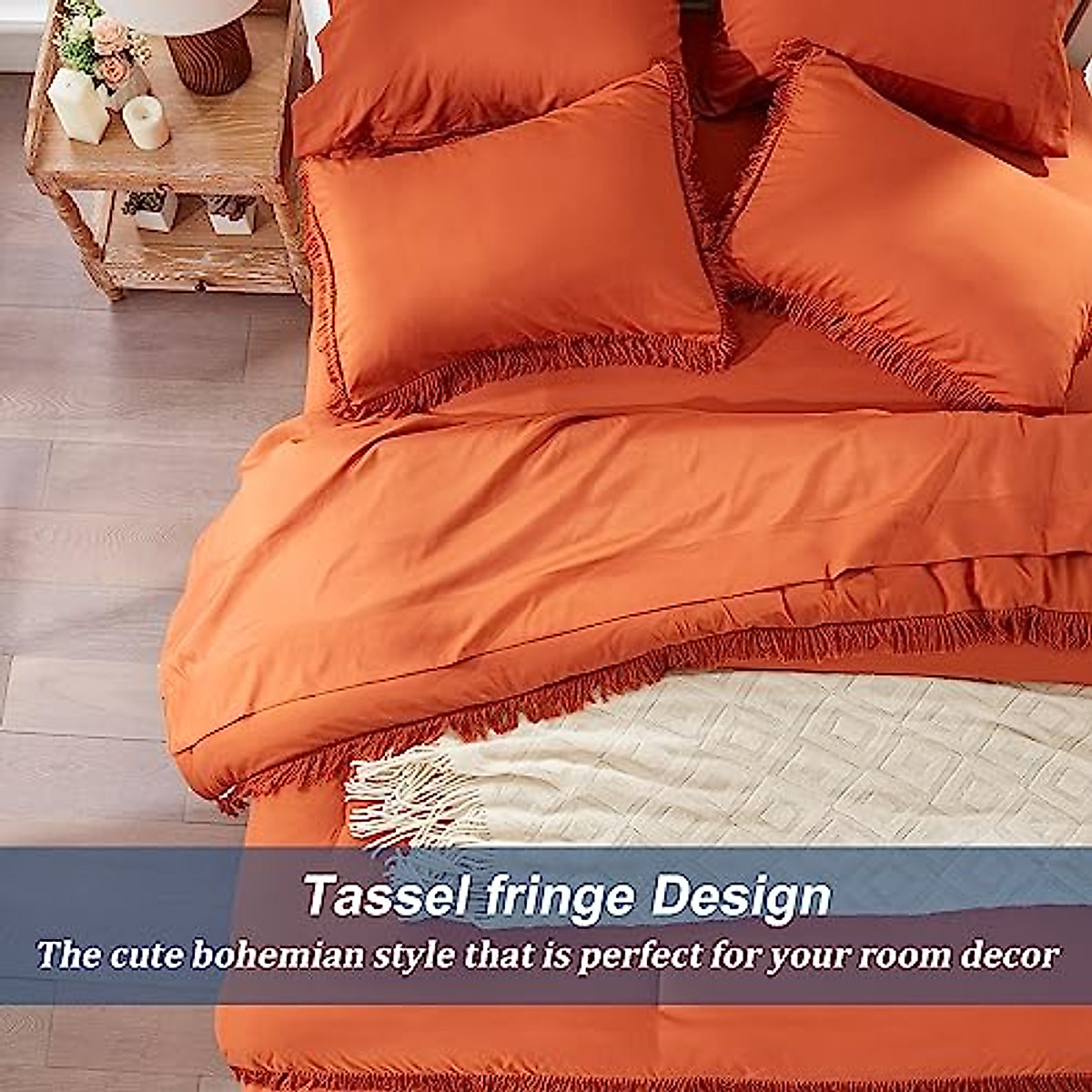 Anluoer Queen Comforter Set, Burnt Orange Boho Bed in a Bag 7 Pieces with Comforter and Sheets, All Season Bedding Sets with 1 Comforter, 2 PillowShams, 2 Pillowcases, 1 Flat Sheet, 1 Fitted Sheet