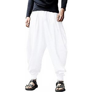 perdontoo Mens Baggy Harem Pants Elastic Waist Hippie Anime Pant Japanese Drop Crotch Trousers (32, White)