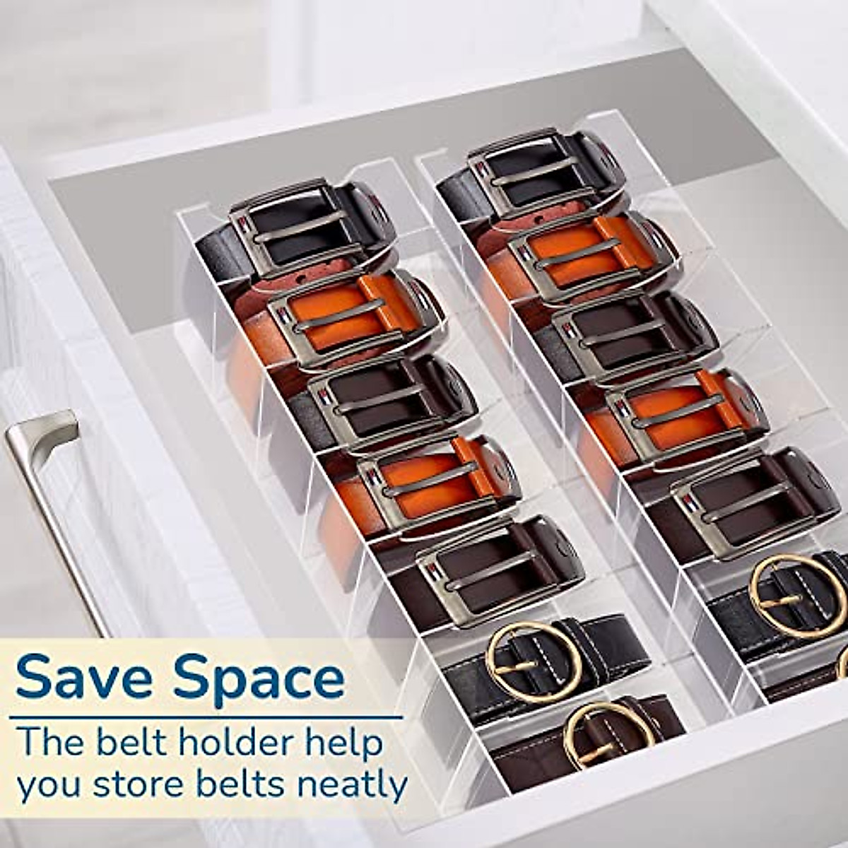 2 Pieces Belt Organizer Acrylic Belt Storage Holder 7 Compartments Display Case Belt Container Holder for Closet and Drawer, Purse Tie Jewelry Watch Bracelets Makeup Storage Holder Accessories