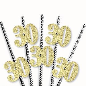 Gold Glitter 30 Party Straws - No-Mess Real Gold Glitter Cut-Out Numbers & Decorative 30th Birthday Party Paper Straws - Set of 24