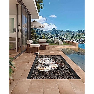 Outdoor Area Rug for Patio,Fall Thanksgiving Pumpkin Black Camping Rugs Indoor Large Floor Mat 5x8ft,White Floral Gold Leaves Outside Carpet for Deck RV Picnic Porch Backyard Bedroom Living Room