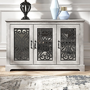 Galano Calidia 3 Door Sideboard, Kitchen Storage Sideboard Buffet Cabinet Console with Acrylic Mirror Doors & Adjustable Shelves, 15.67" D x 45.71" W x 29.29" H, Dusty Grey Oak