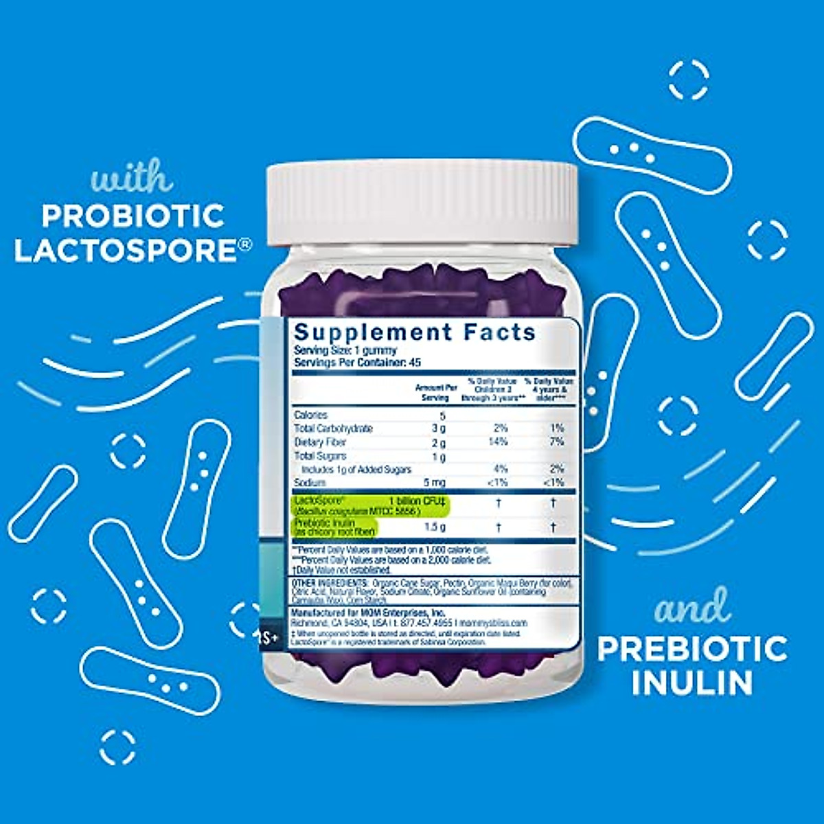 Mommy's Bliss Kids Probiotic + Prebiotic Gummies, Supports Immunity & Digestion for Kids 2 Years+, Less Sugar, Yummy Berry Flavor, 45 Count (Pack of 3)