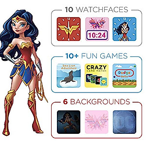 Wonder Woman PlayZoom Kids Smartwatch - Video and Camera Selfies Music Learning Educational Fun Interactive Games Touch Screen Sport Digital Watch Birthday Gift for Kids Toddlers Boys Girls Fun Prints