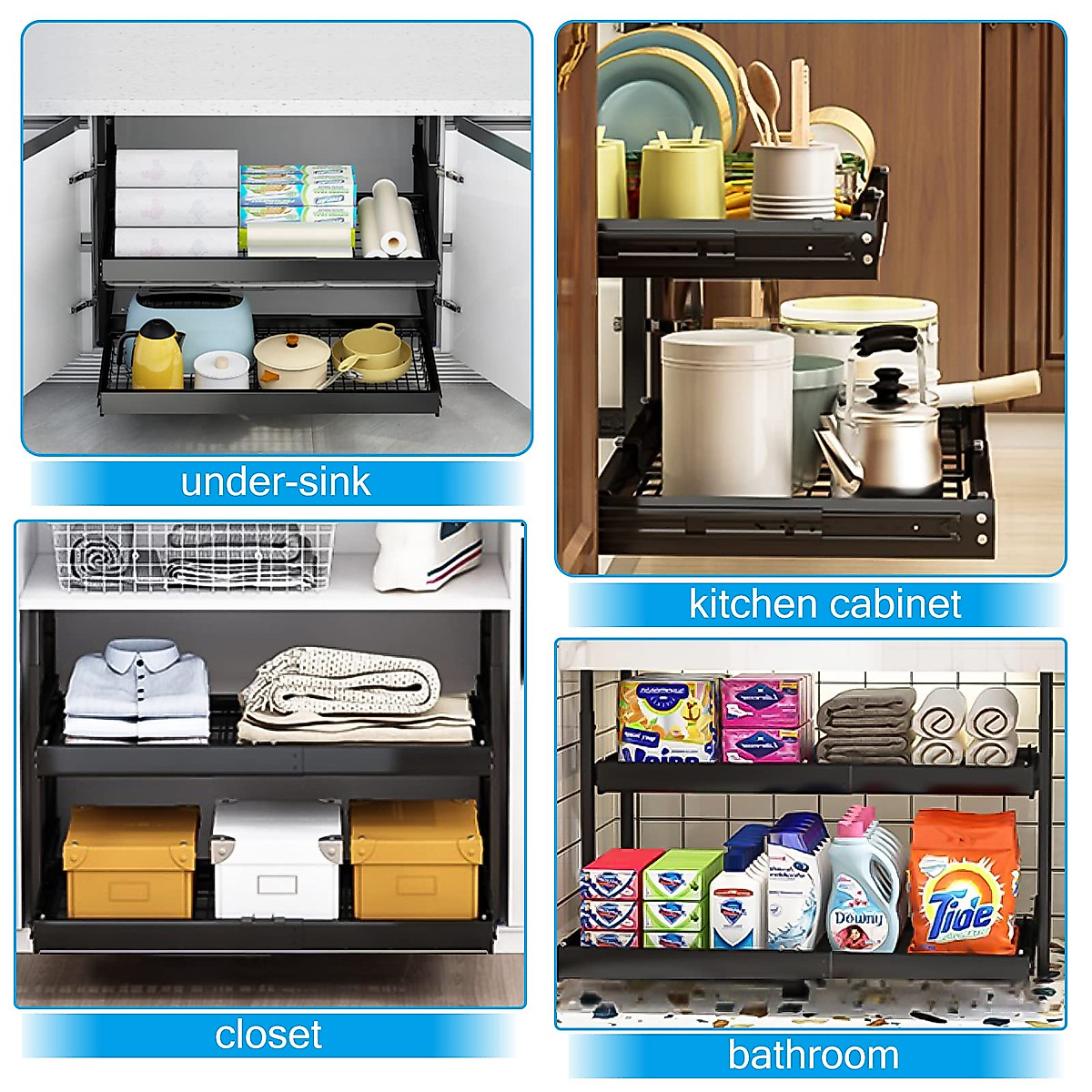 Expandable Pull Out Cabinet Drawer Organizer, Slide Out Pantry Shelves Sliding Drawer Storage for Home Cabinet Shelf, Under Cabinet Storage, Adjustable Cabinet Shelf Organizers-17"D x 36.6"W x 18.5"H