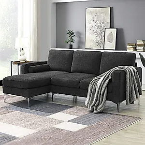 OPTOUGH Modern Chenille Fabric Convertible Sectional Sofa with Reversible Chaise,L-Shaped Couch 3-Seat Sofacair with 2 Pillows for Living Room,Apartment (86" Drrk Grey)