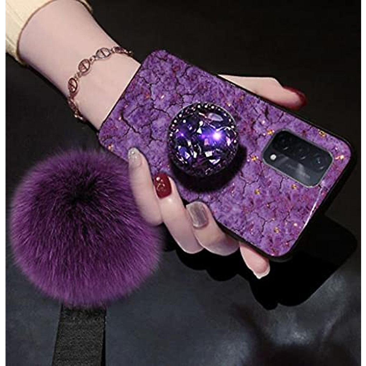 Aulzaju for OnePlus Nord N200 5G Case Ring Kickstand Wrist Strap Holder Design Luxury Glitter Hard PC Back Rugged TPU Edge Marble Pattern Cute Bling Diamond Bumper Phone Case for Girls Women Purple